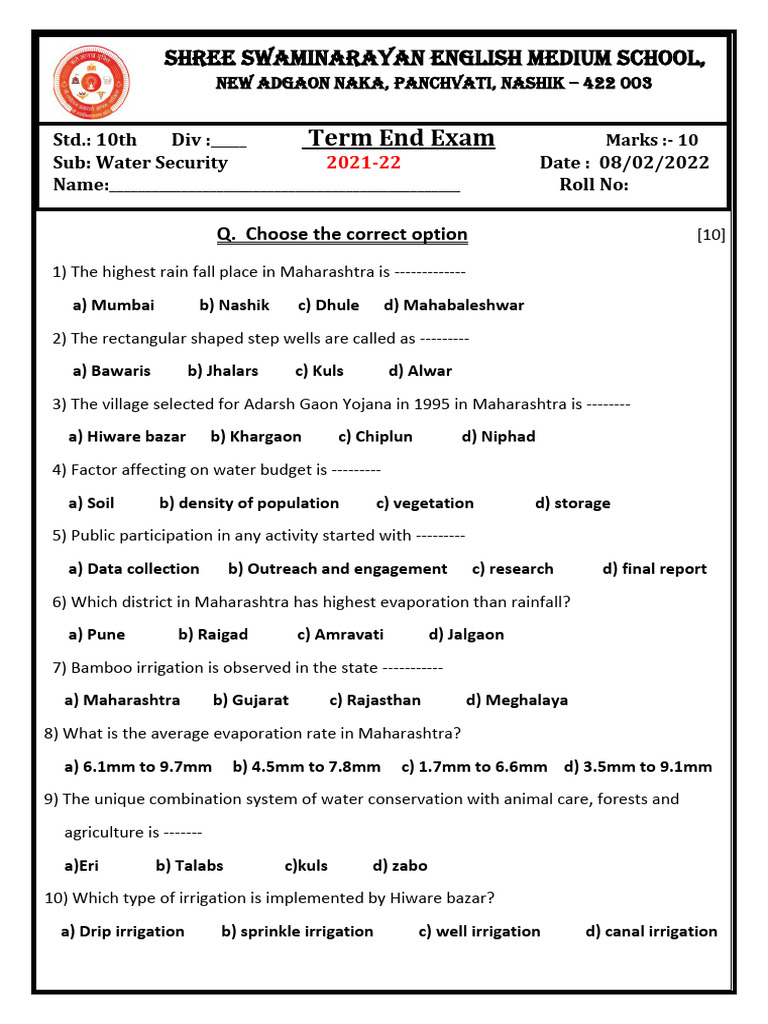 Water Security Exam Questions Std 10 | PDF | Irrigation | Water