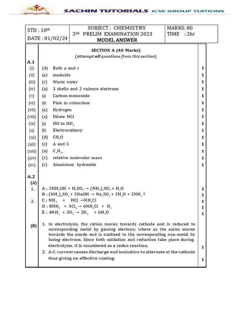 X-ICSE - Chemistry - Prelim-2 MODEL ANSWER (AP) | PDF | Sodium ...