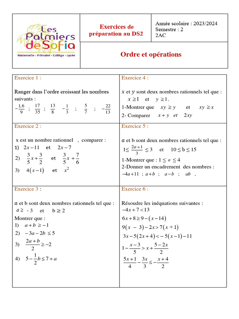 Exercices de Maths 2AC : Nombres Rationnels | PDF