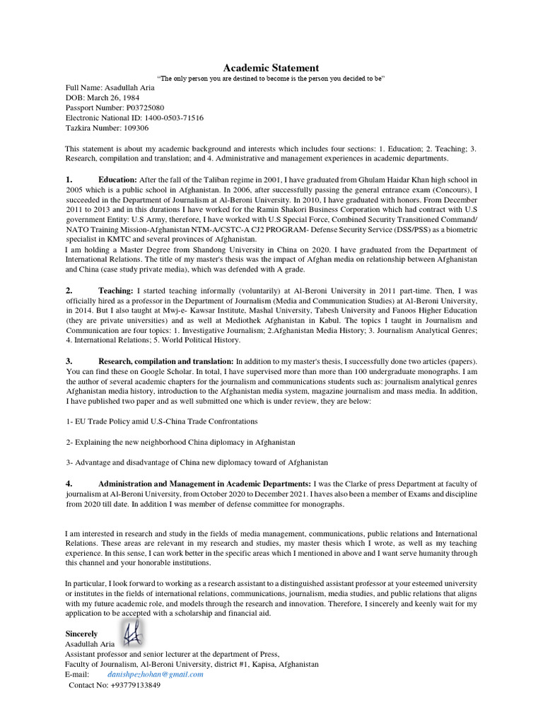 Academic Statement, ARIA - 4 | PDF | Thesis