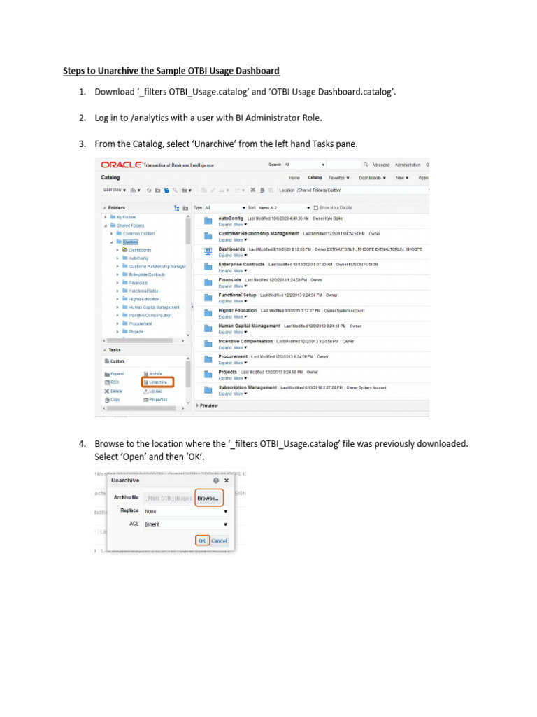 Steps To Unarchive The Sample Otbi Usage Dashboard Pdf