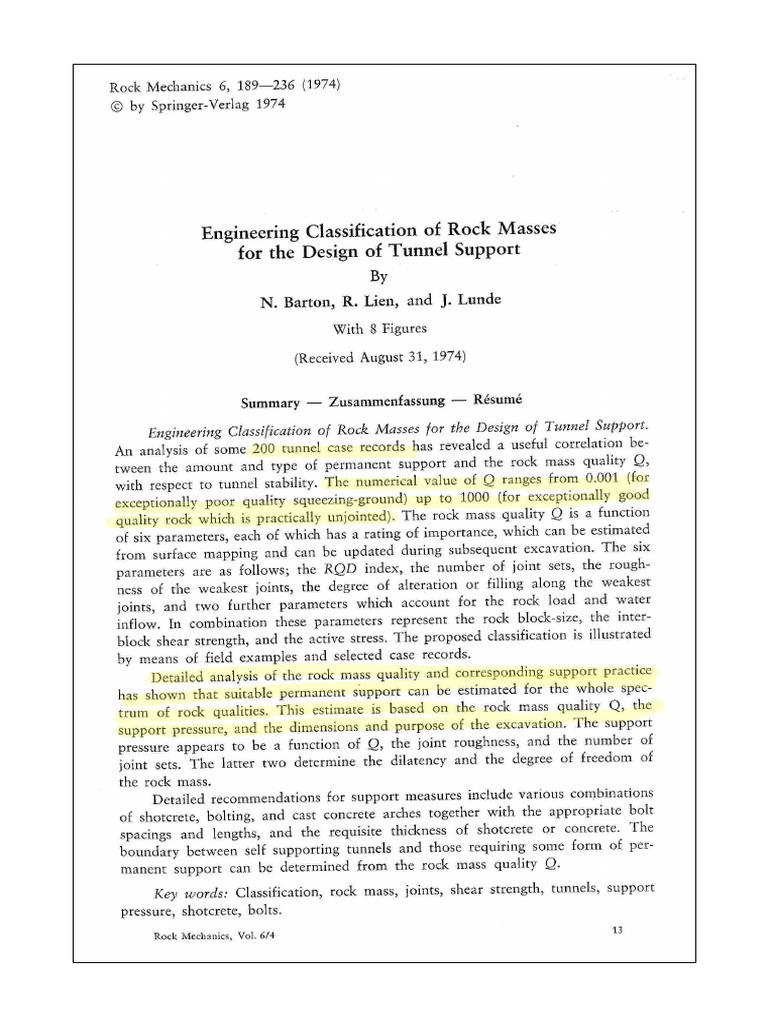 1974 - Engineering Classification of Rock Masses | PDF