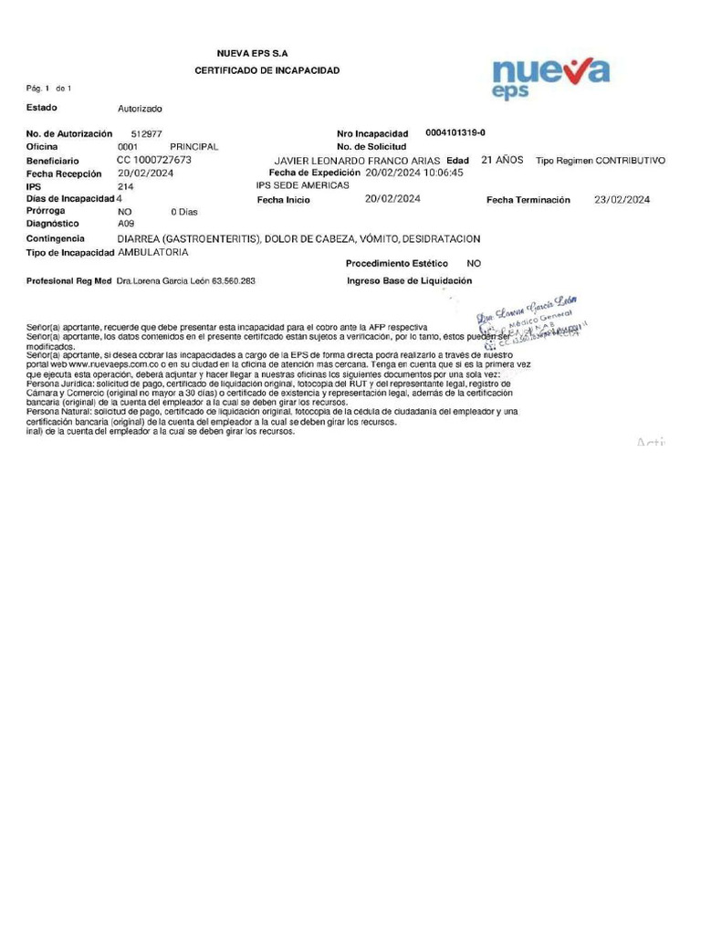 Incapacidad Nueva EPS | PDF