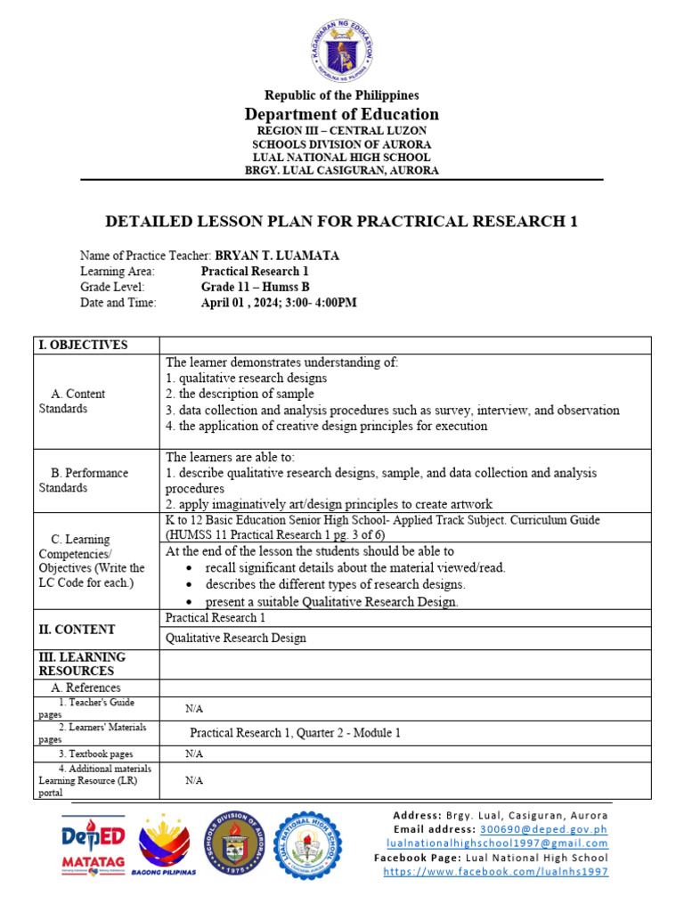 Practical Research 1 Lesson Plan | PDF | Qualitative Research | Experience