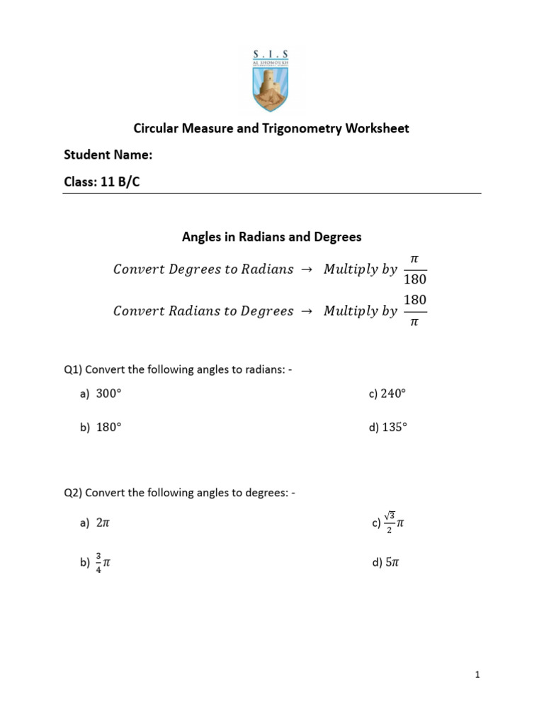 Circular Measure and Trigonometry Worksheet-638493004971812022 | PDF ...
