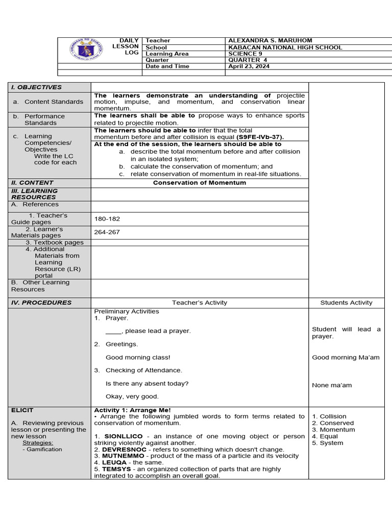 Impulse and Momentum DLP | PDF | Momentum | Collision