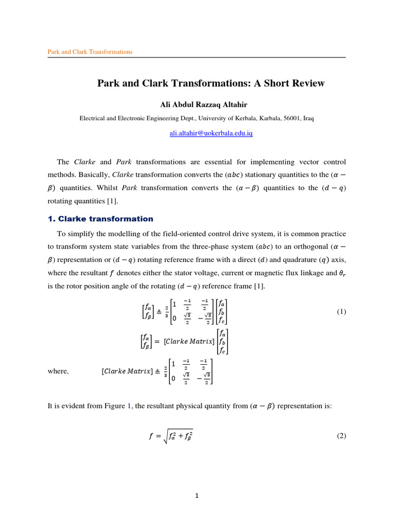 Parkand Clarck Transformation | PDF | Electrical Engineering ...