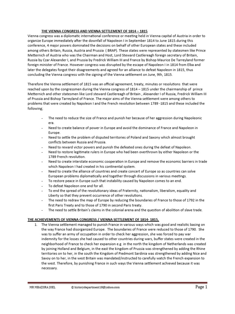 Vienna Congresssettlement and Congress Sysytem | PDF | Napoleon | Europe