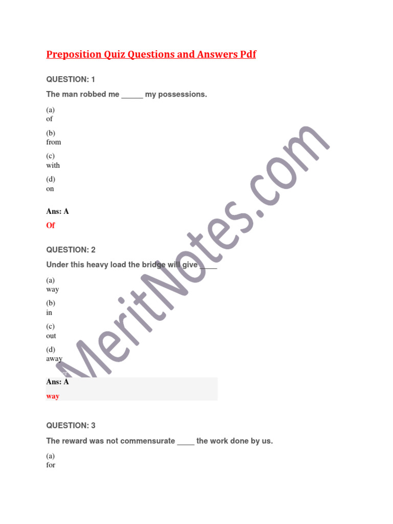 Preposition Quiz: Questions & Answers PDF | PDF | Language Arts ...