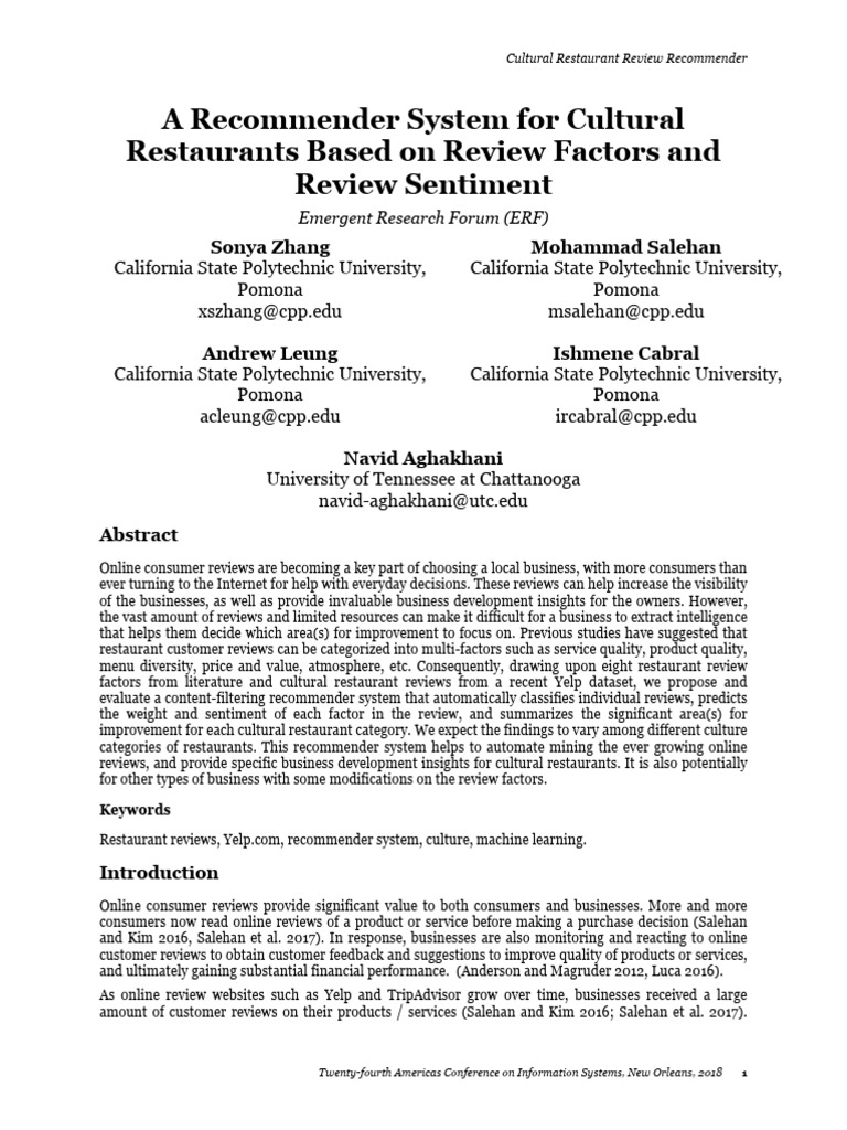 A Recommender System For Cultural Restaurants Based On Review Fac | PDF ...