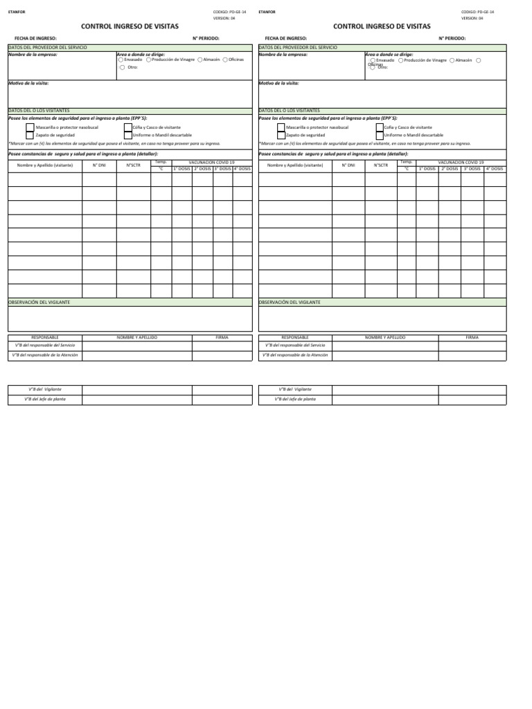 Formato - Control de Visitas | PDF