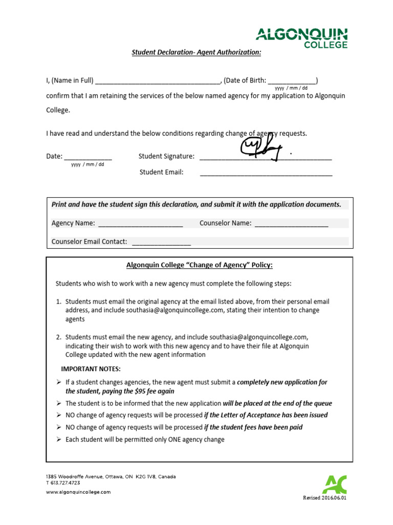 Student Agent Authorization Form | PDF | Career & Growth