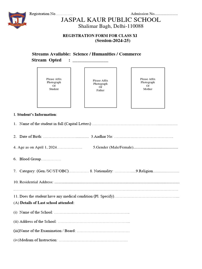 JKPS Class XI Registration Form 2024-25 | PDF | Science