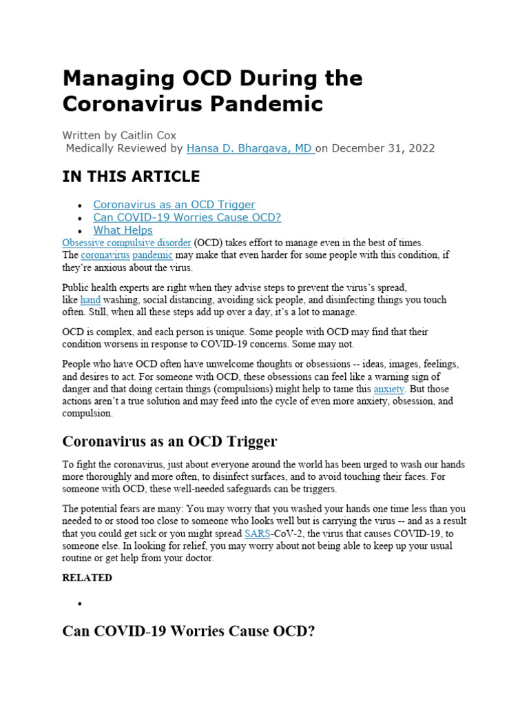 Managing OCD During The Coronavirus Pandemic Internet Source | PDF ...