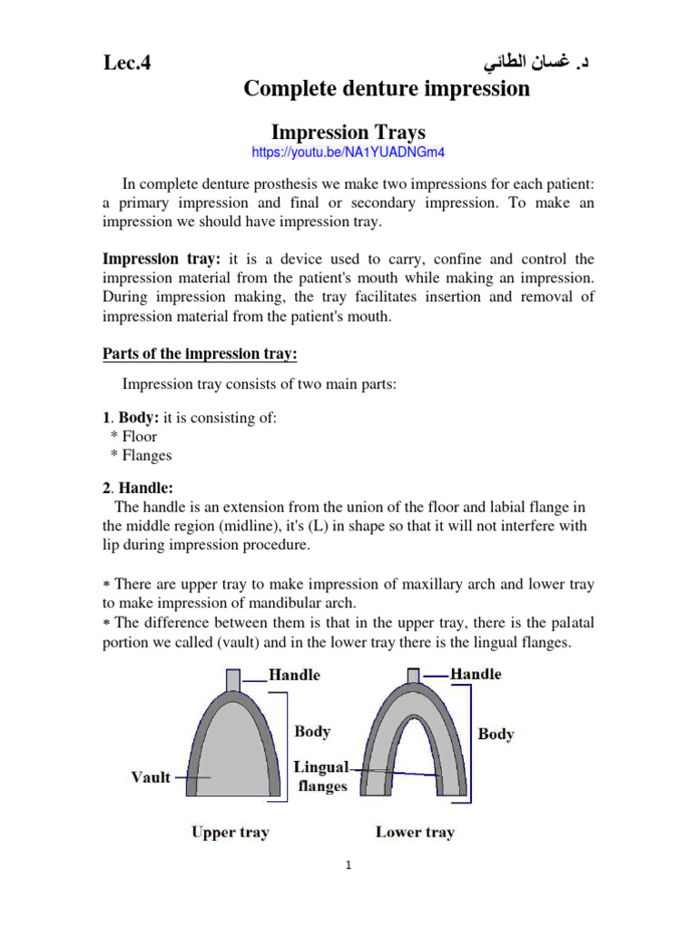 Lec 4 Complete Denture Impression | PDF | Mouth | Dentistry Branches