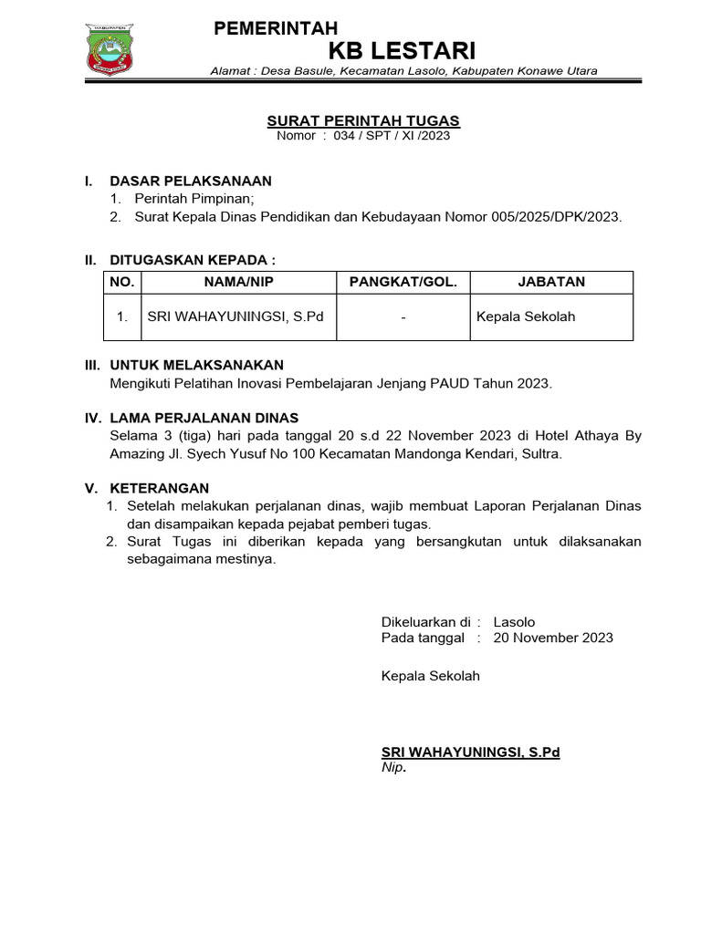 Surat Tugas Dan SPPD Inobel PAUD Negeri | PDF