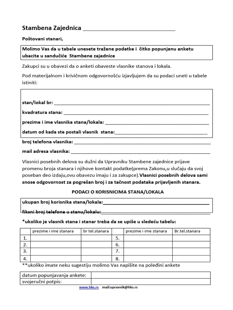 Stambena Zajednica: Prezime I Ime Stanara BR Tel - Stanara Prezime I ...