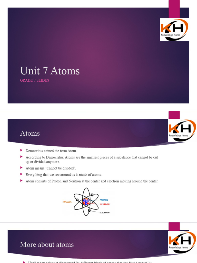 Unit 7 Atoms Grade 7 Slides | PDF | Chemical Compounds | Chemical Elements