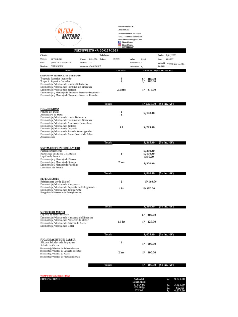 Proforma 000159 - MITSUBISHI OUTLANDER - PLACA - B1M-350 EEE | PDF ...