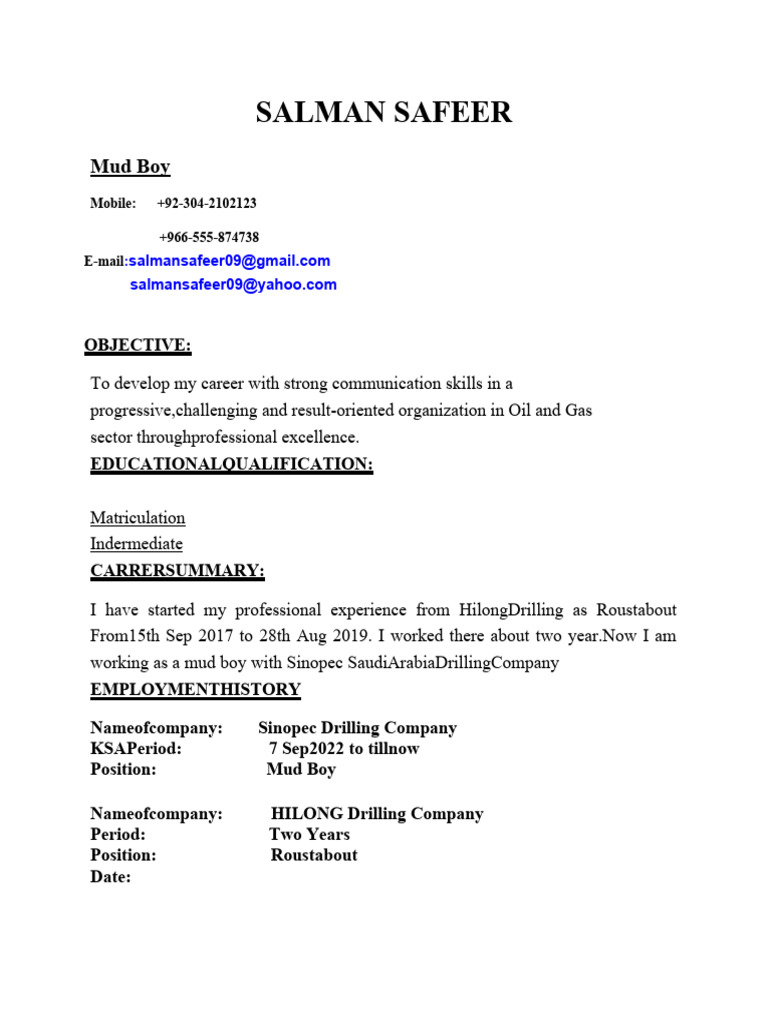Mud Boy Resume for Oil & Gas Sector | PDF