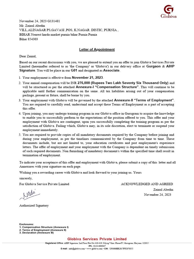 Appointment Letter | PDF | Employment | Confidentiality