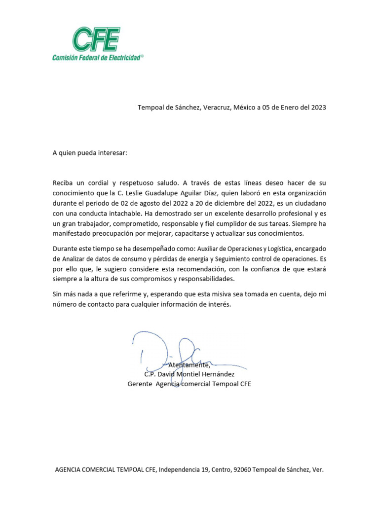 Carta Laboral Leslie CFE | PDF