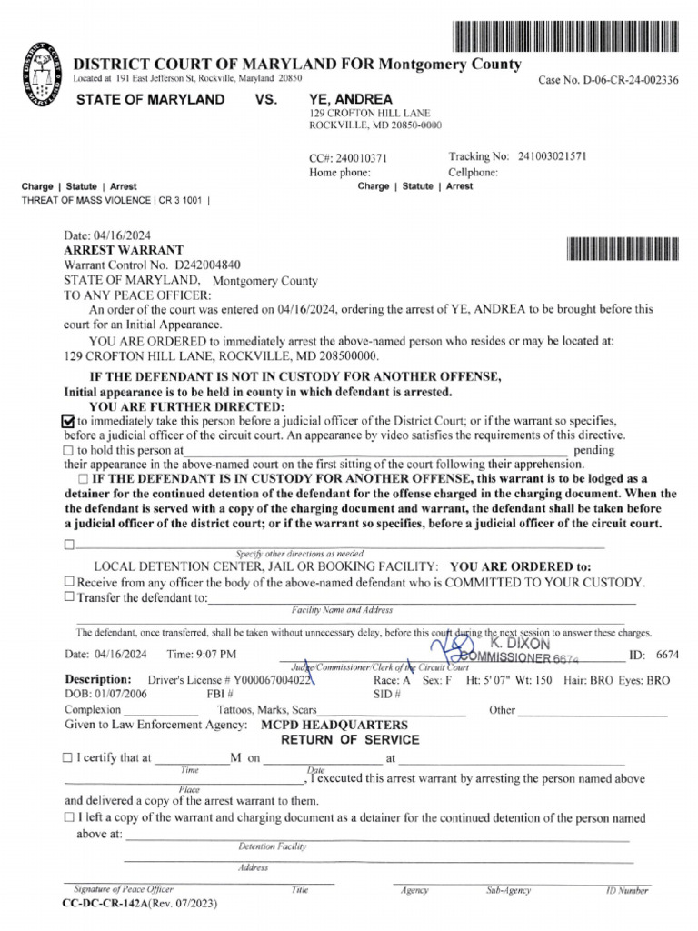 2024 April 16 Andrea Ye Charging Document | PDF | Arrest | Arrest Warrant
