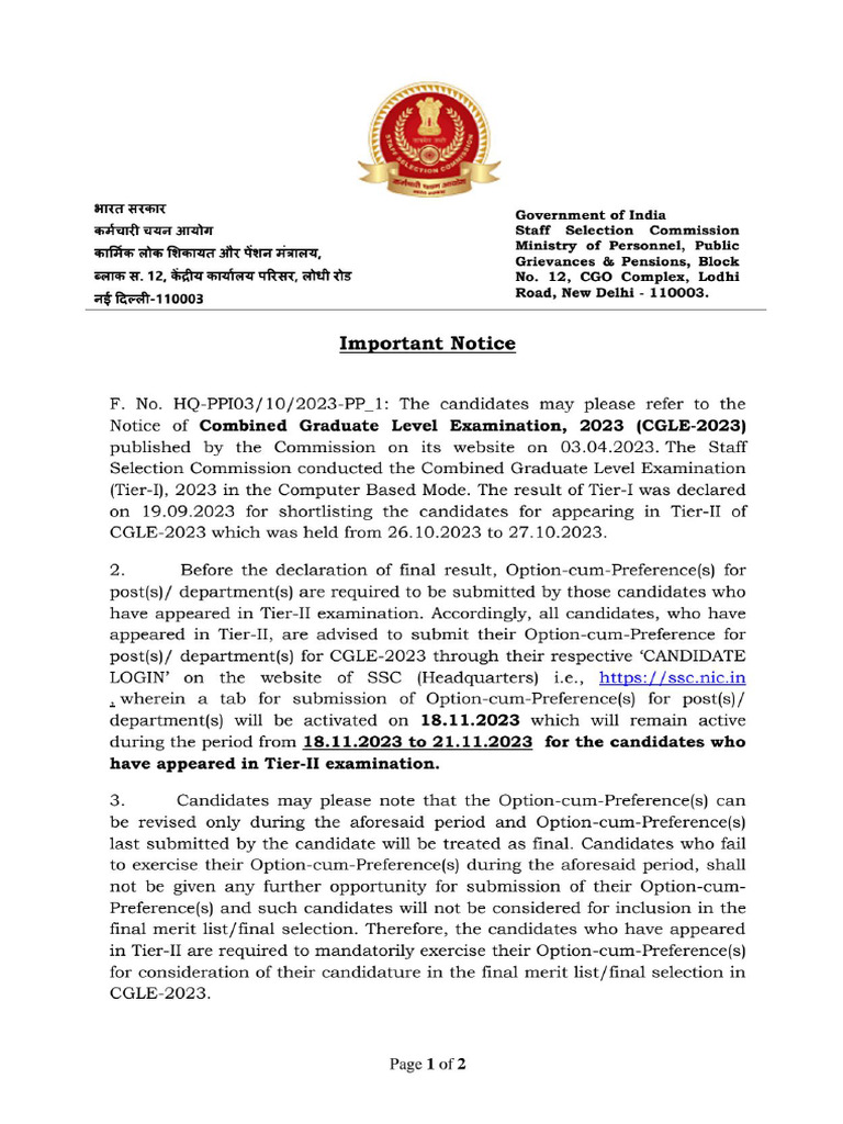 Important Notice CGLE 2023 Option Form 17 11 2023 | PDF