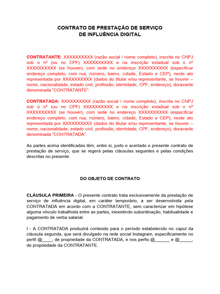 Contrato Prestacao Servico Influencer Digital | PDF | Finanças e ...