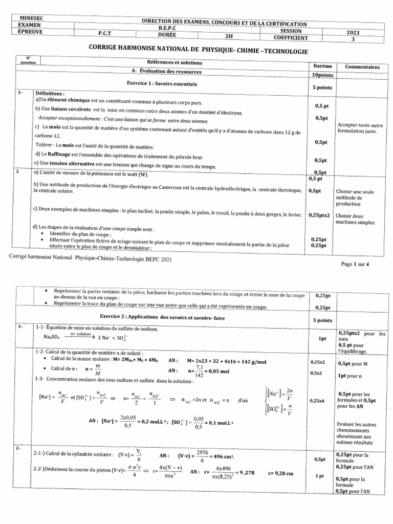 Bepc 2021 Corrigé Harmonisé National de PCT Cameroun | PDF