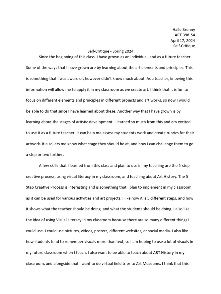 Self Critique | Download Free PDF | Teachers | Classroom