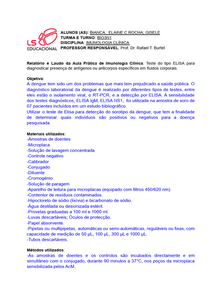 Relatorio e Laudo Da Aula Prática1 | PDF | Elisa | Medicina Clínica