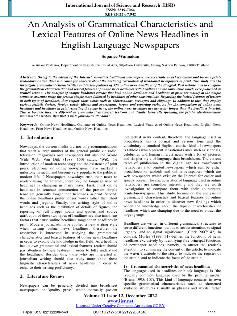 An Analysis of Grammatical Characteristics and Lexical Features of Online News Headlines in ...