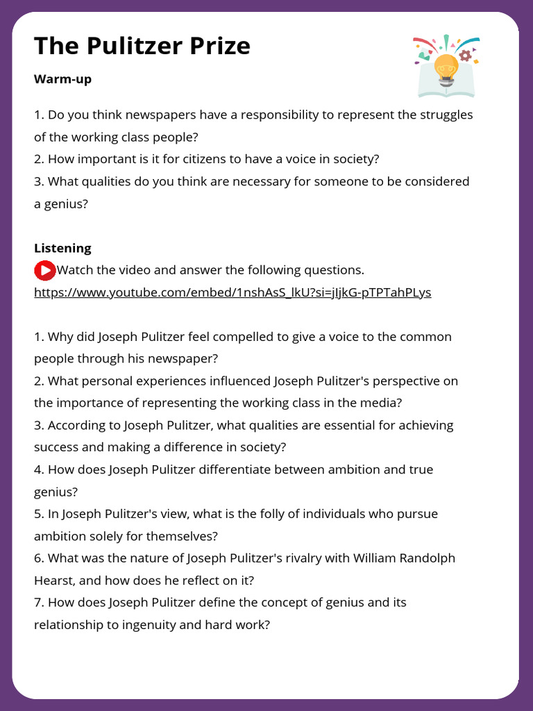 The Pulitzer Prize Worksheet | PDF | Journalism