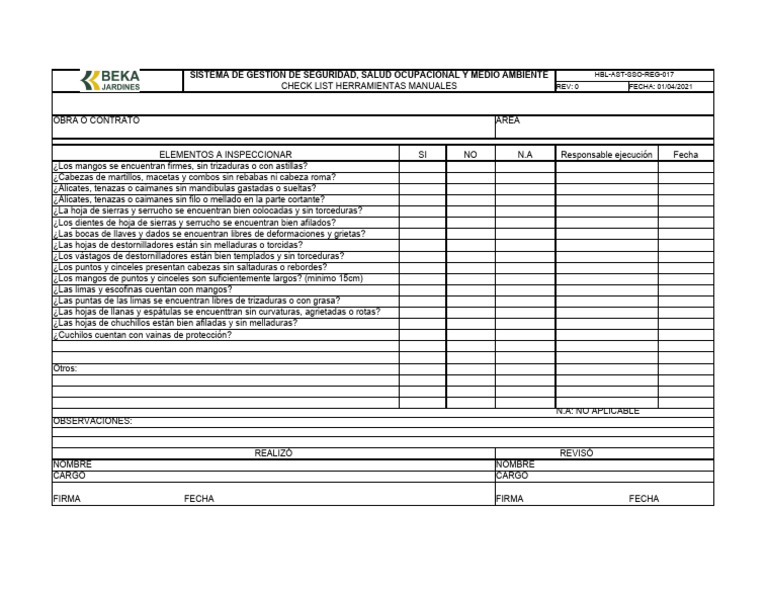 Checklis Herramientas Manuales Rev 00 | PDF