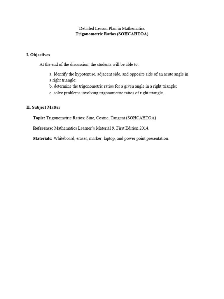 Detailed Lesson Plan in Mathematics(SOH-CAH-TOA) | PDF | Trigonometric ...