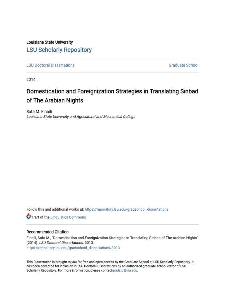 Elnaili Domestication And Foreignization Strategies In Translating Sinbad Pdf Translations