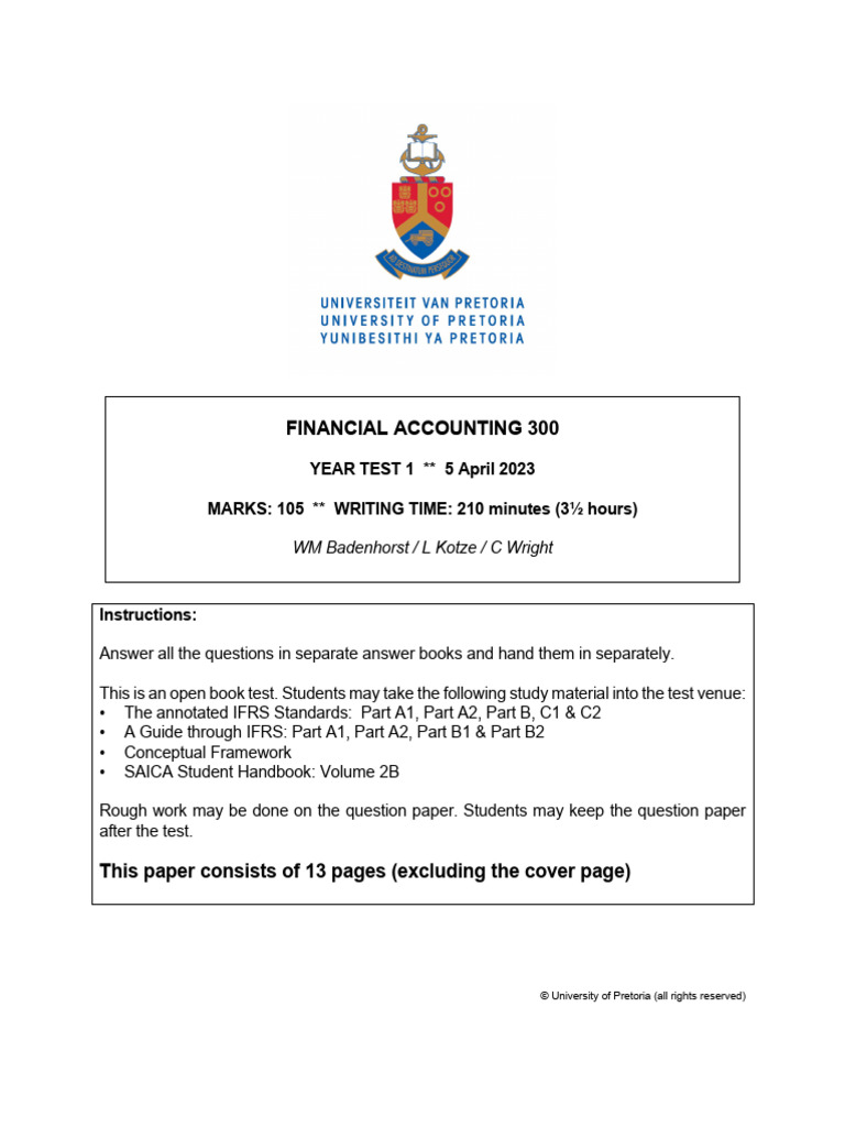 Financial Accounting 300: YEAR TEST 1 5 April 2023 MARKS: 105 WRITING ...