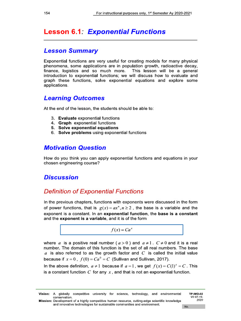 Lesson 6.1 - Exponential Functions | PDF
