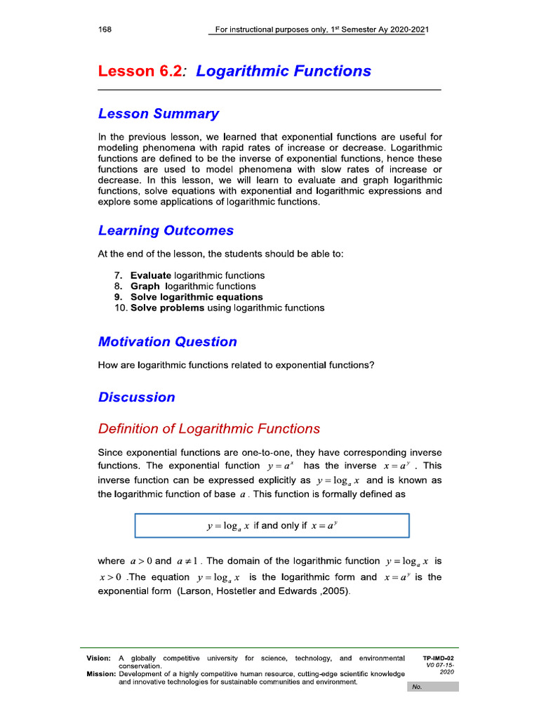 Lesson 6.2 - Logarithmic Functions | PDF
