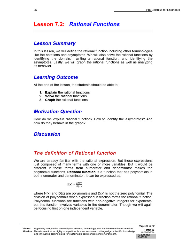 Lesson 7.2 - Rational Functions | PDF | Asymptote | Function (Mathematics)