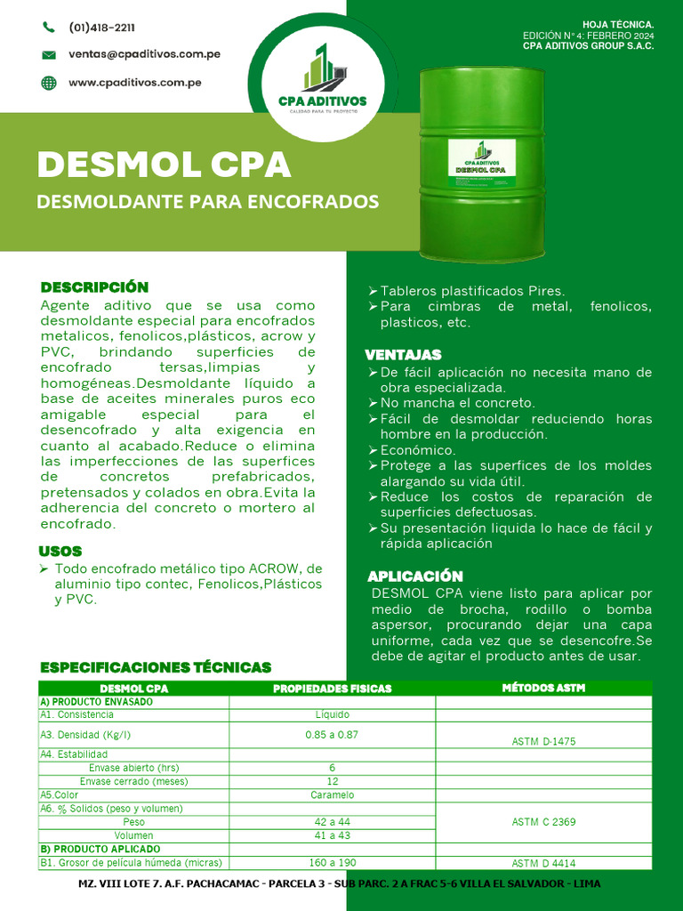 Ficha Tecnica Desmoldante Cpa | PDF | Hormigón | Sustancias químicas