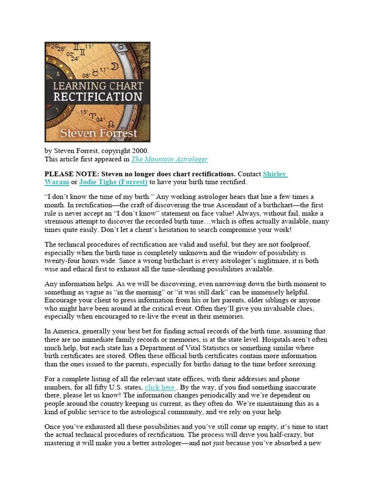 Rectification by Steven Forrest | PDF | Planets In Astrology | Planets