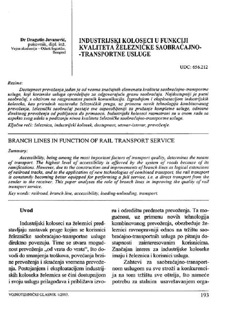 Industrijski Koloseci U Funkciji Kvaliteta Elezni Ke Saobra Ajno Transportne Usluge | PDF