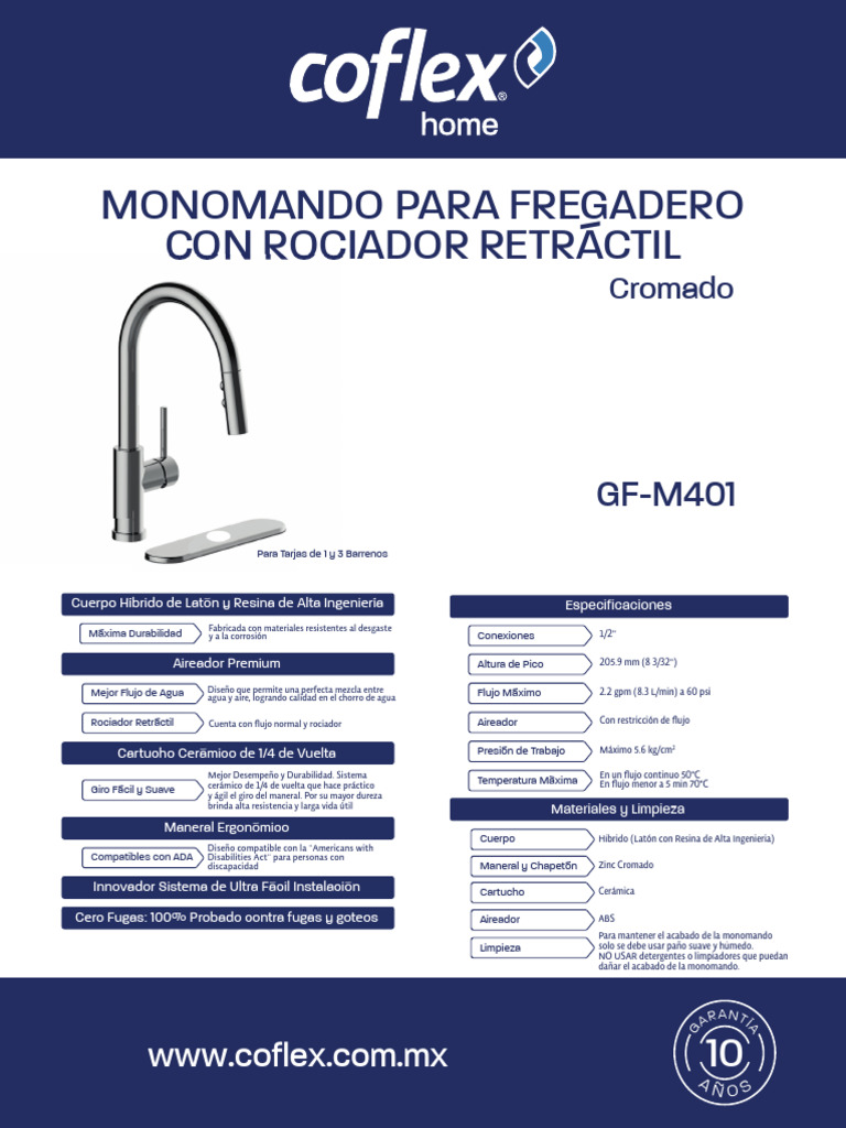 Ficha Técnica Monomando para Fregadero Cromo Con Rociador Retráctil ...