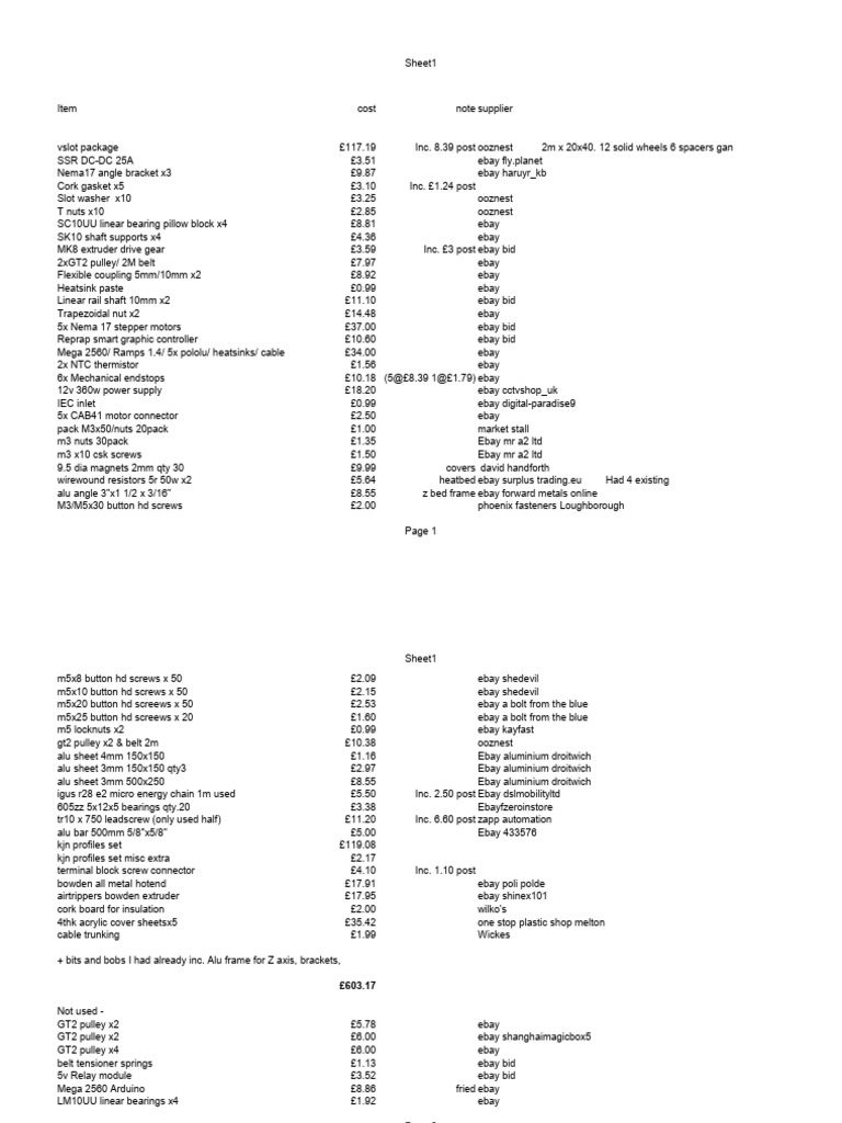 Parts List and Prices | PDF | Screw | Manufactured Goods