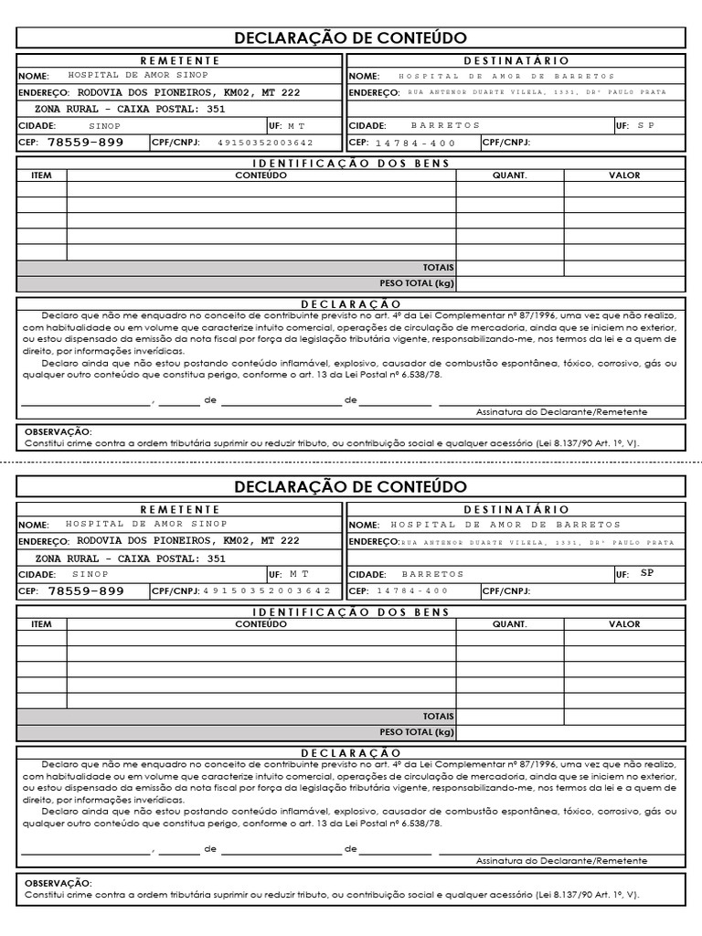 CORREIOS - Formulario Declaracao de Conteudo - A5 - Endereço Novo ... CORREIOS - Formulario Declaracao de Conteudo - A5 - Endereço Novo ...