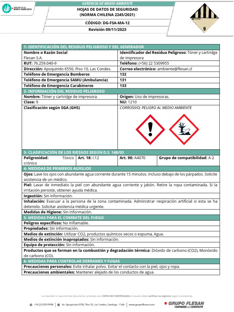 Manejo Seguro de Tóner Peligroso | PDF | Residuos | Toxicidad