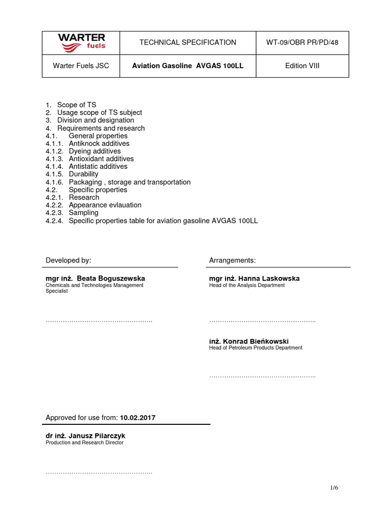 AVGAS 100LL Technical Specification | PDF | Gasoline | Lead