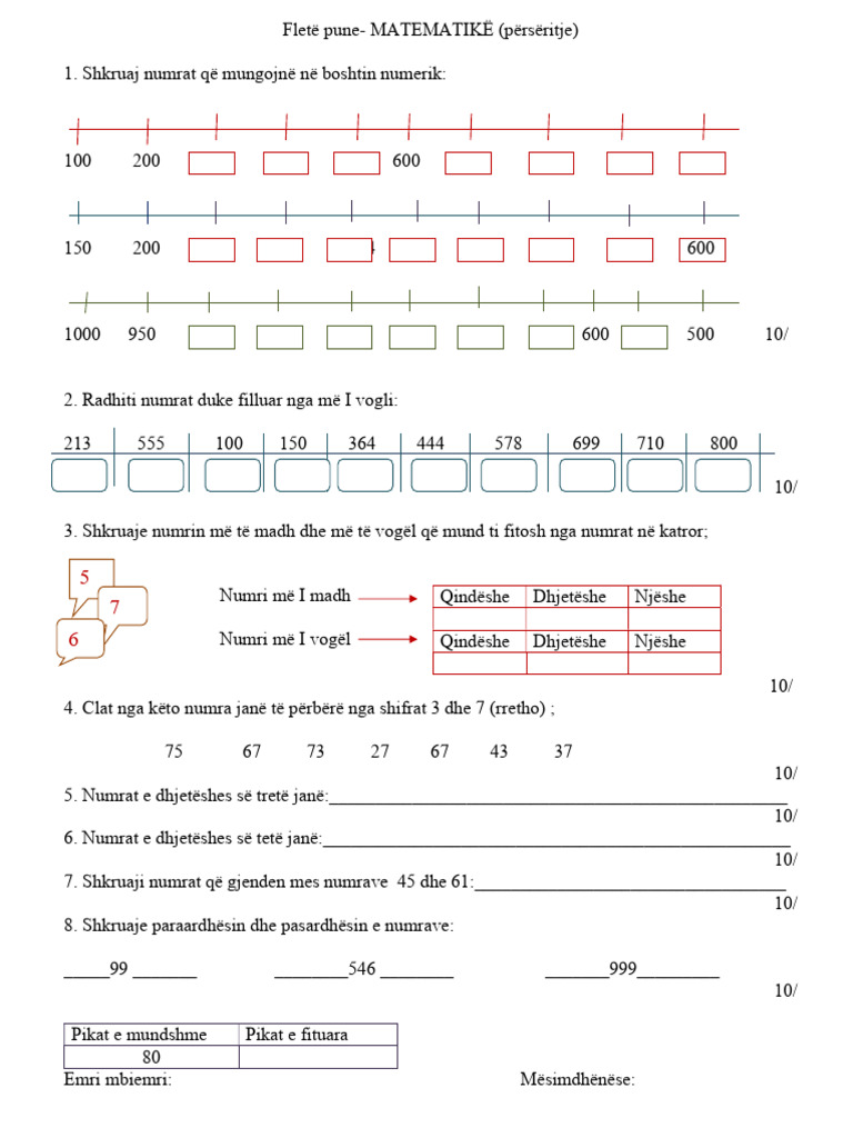 Matematikë Klasa 4 Fletë-Pune-Mat-Numrat-Deri-1000-Perseritje | PDF